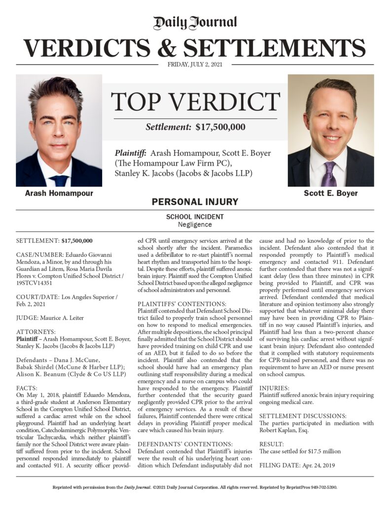 $17.5 Million Verdict in Anoxic Brain Injury Case - Homampour Law Firm